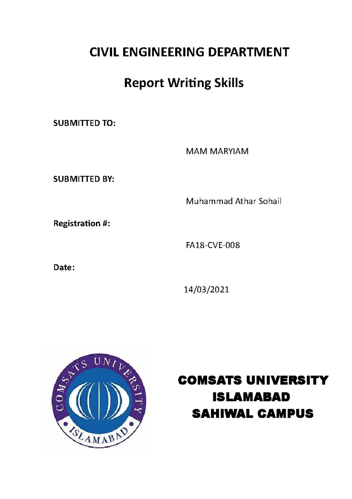 RWS A1(FA18-CVE-008) - CIVIL ENGINEERING DEPARTMENT Report Writing ...