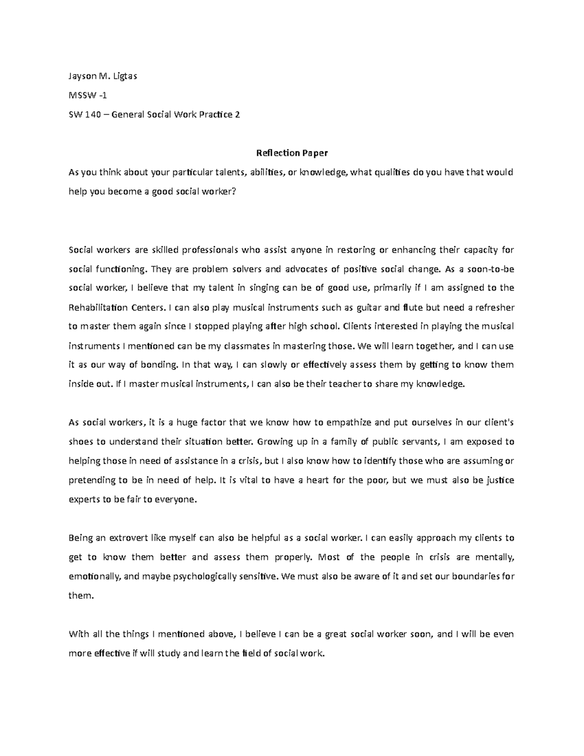 SW140 Reflection Paper - Jayson M. Ligtas MSSW - SW 140 – General ...