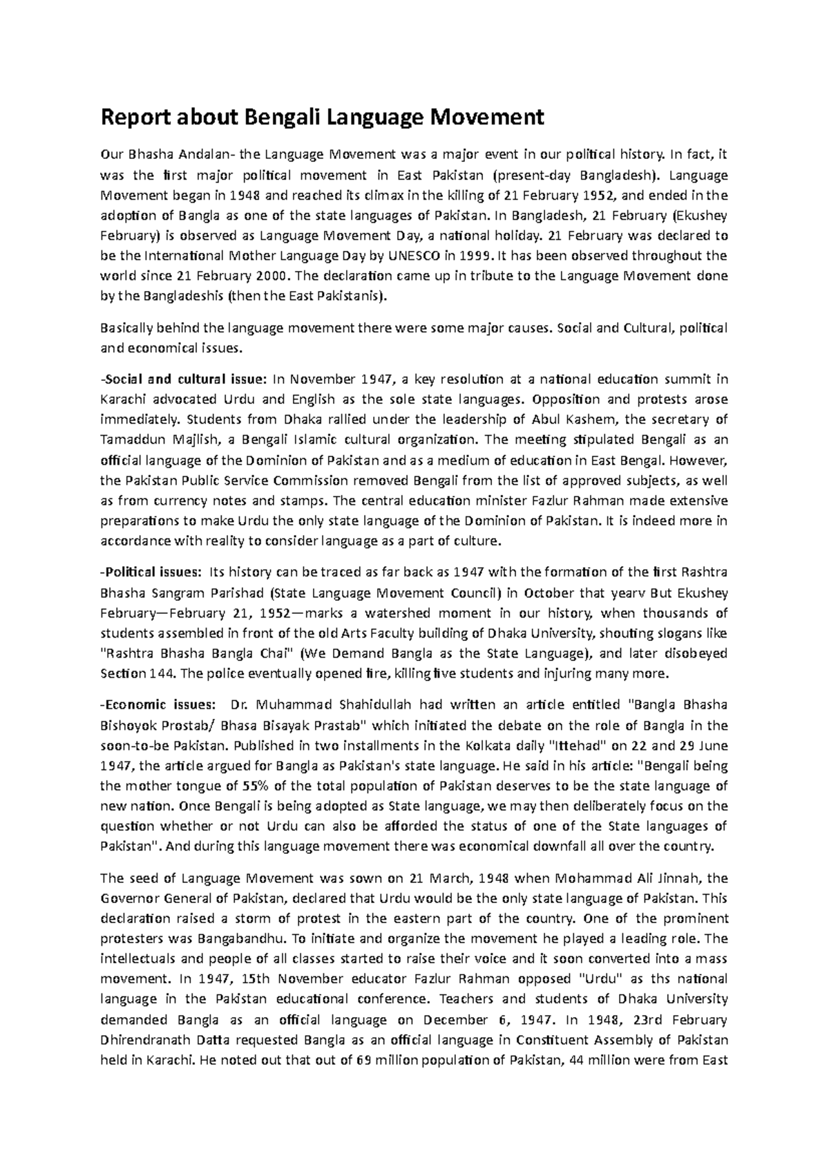 Report about Bengali Language Movement - In fact, it was the first ...