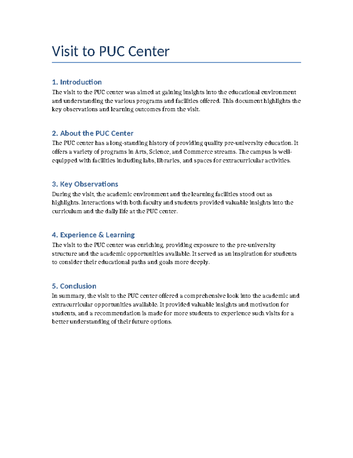 Visit to PUC Center - puc centre - Visit to PUC Center 1. Introduction ...