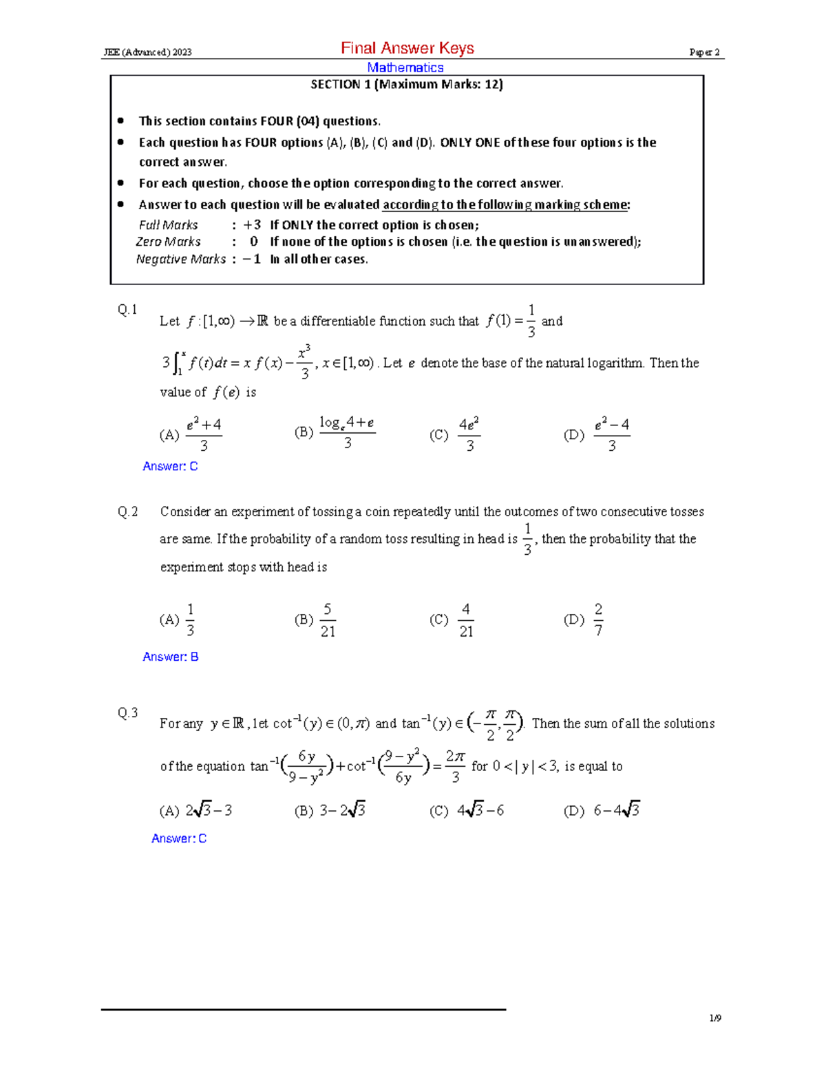 Paper 2 Final Answer Keys - Q. Let f :[1, ) be a differentiable ...
