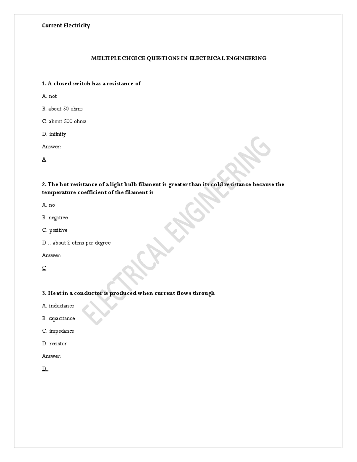 Electrical Engineering Practice Quizzes 5 - MULTIPLE CHOICE QUESTIONS ...