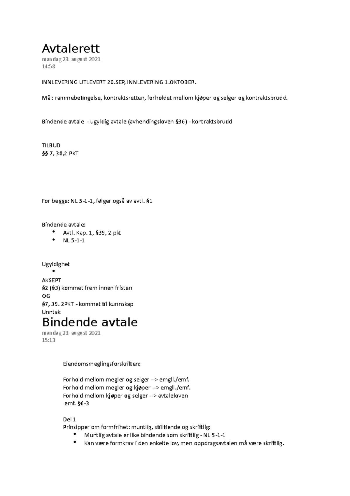Dok2 - Notater om viktige temaer fra forelesning + oppgaver m. løsning - Avtalerett mandag 23 ...