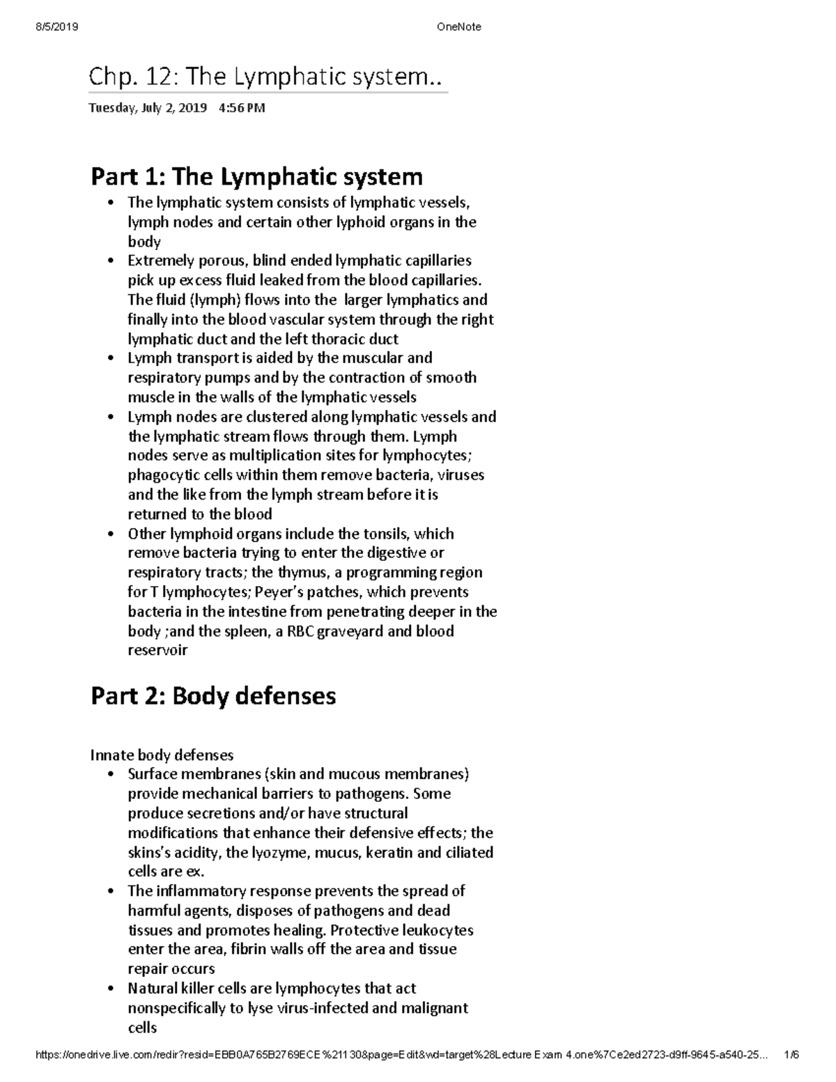 Bio 2404 - Chp 12 summary - OneNote Chp. 12: The Lymphatic system ...