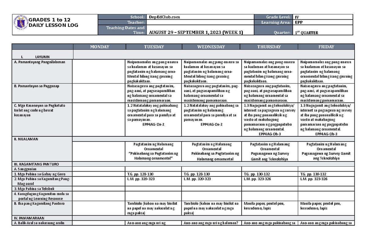 DLL EPP 4 Q1 W1 - DLL EPP 4 - GRADES 1 to 12 DAILY LESSON LOG School ...