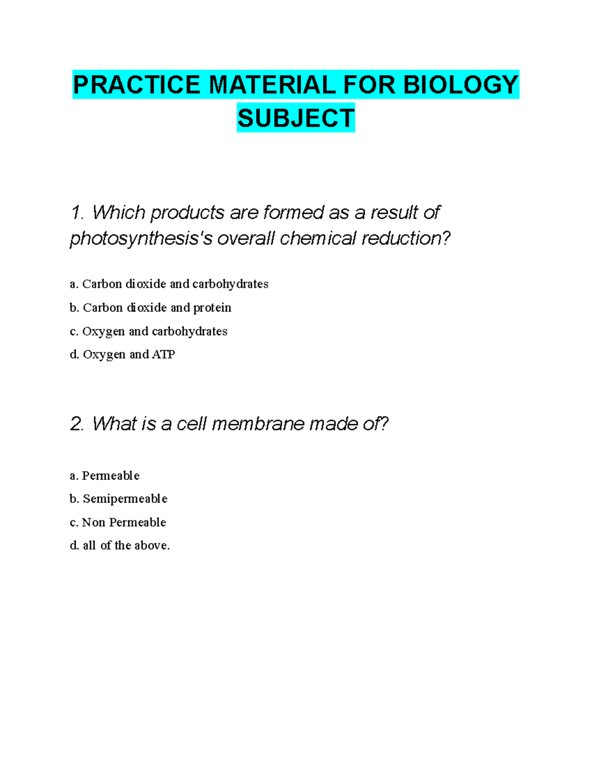 Practice Material FOR Biology Subject - PRACTICE MATERIAL FOR BIOLOGY ...