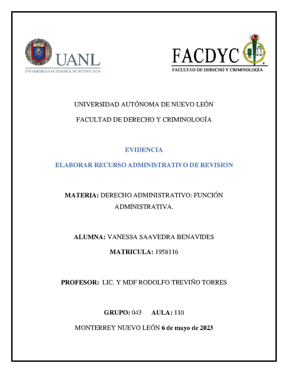 Recurso de revisión administrativa- Vanessa - UNIVERSIDAD AUTÓNOMA DE ...