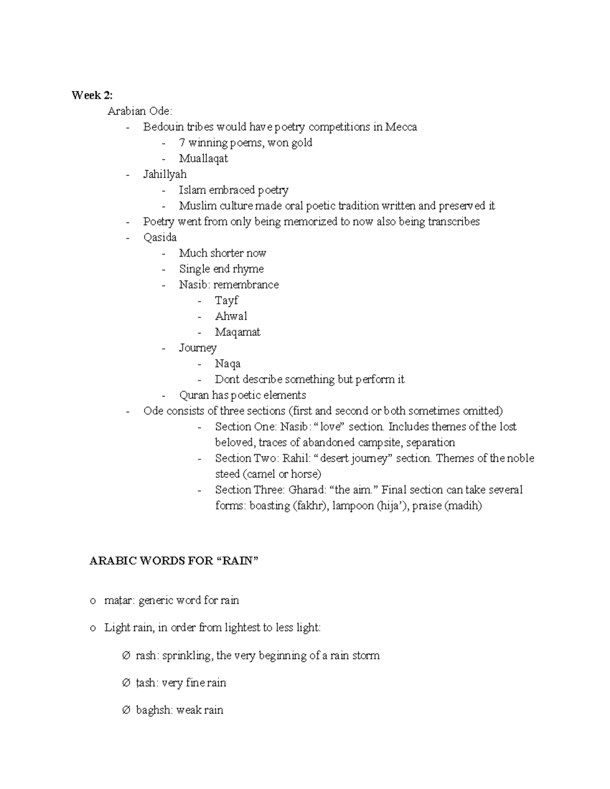 Arab lit week 1 - Notes for Arabic Literature week 1 - Week 2: Arabian ...