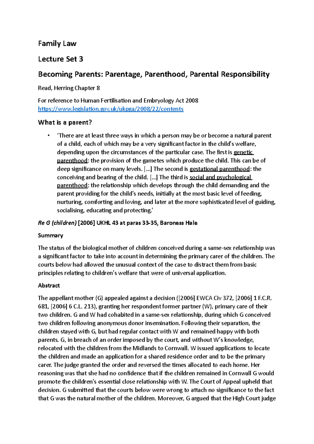 Lecture set 3 - notes - Family Law Lecture Set 3 Becoming Parents ...