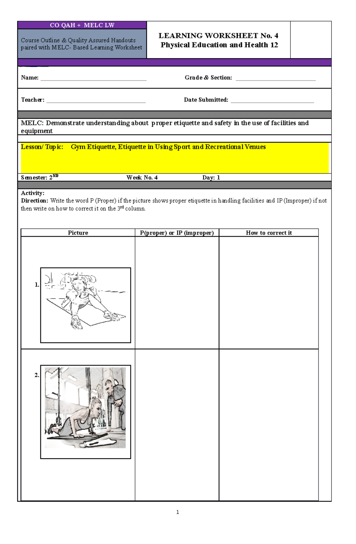 12-worksheet-4 - Activities - CO QAH + MELC LW LEARNING WORKSHEET No. 4 Physical Education and ...