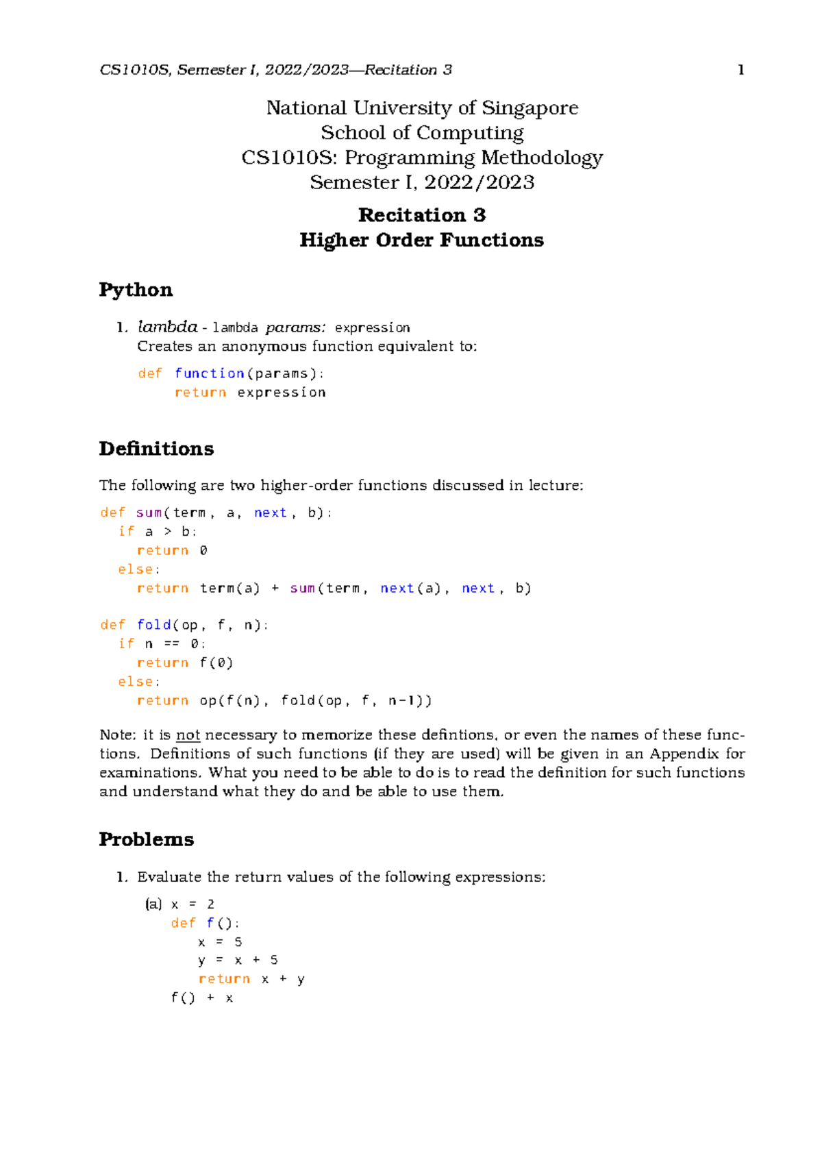 Rec03 Recitations Questions For Cs1010s National University Of Singapore School Of Computing