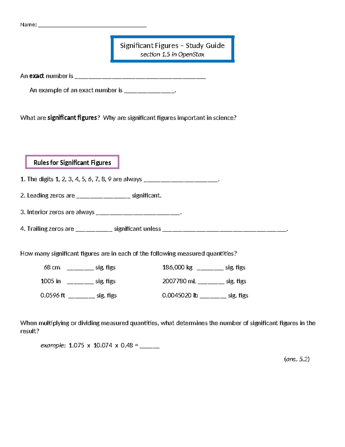CH1 Significant Figures Study Guide - Name ...