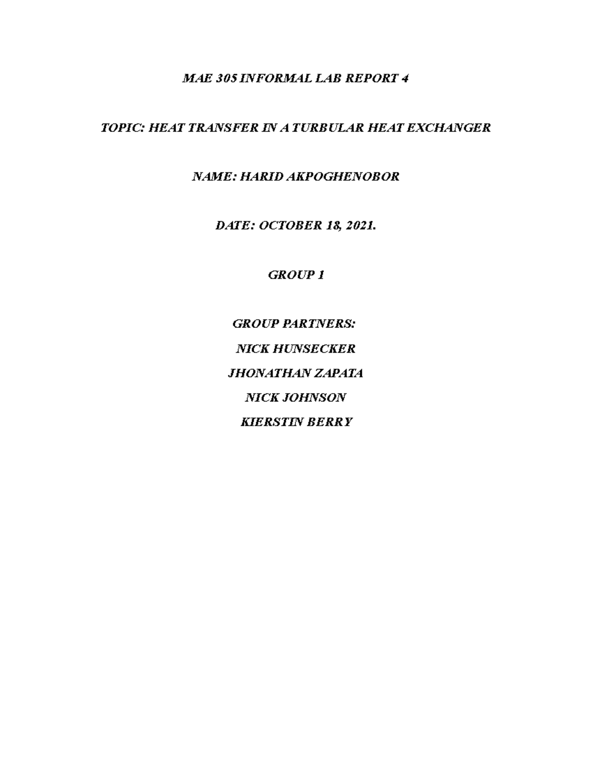 MAE 305 Informal LAB Report 4 - MAE 305 INFORMAL LAB REPORT 4 TOPIC ...