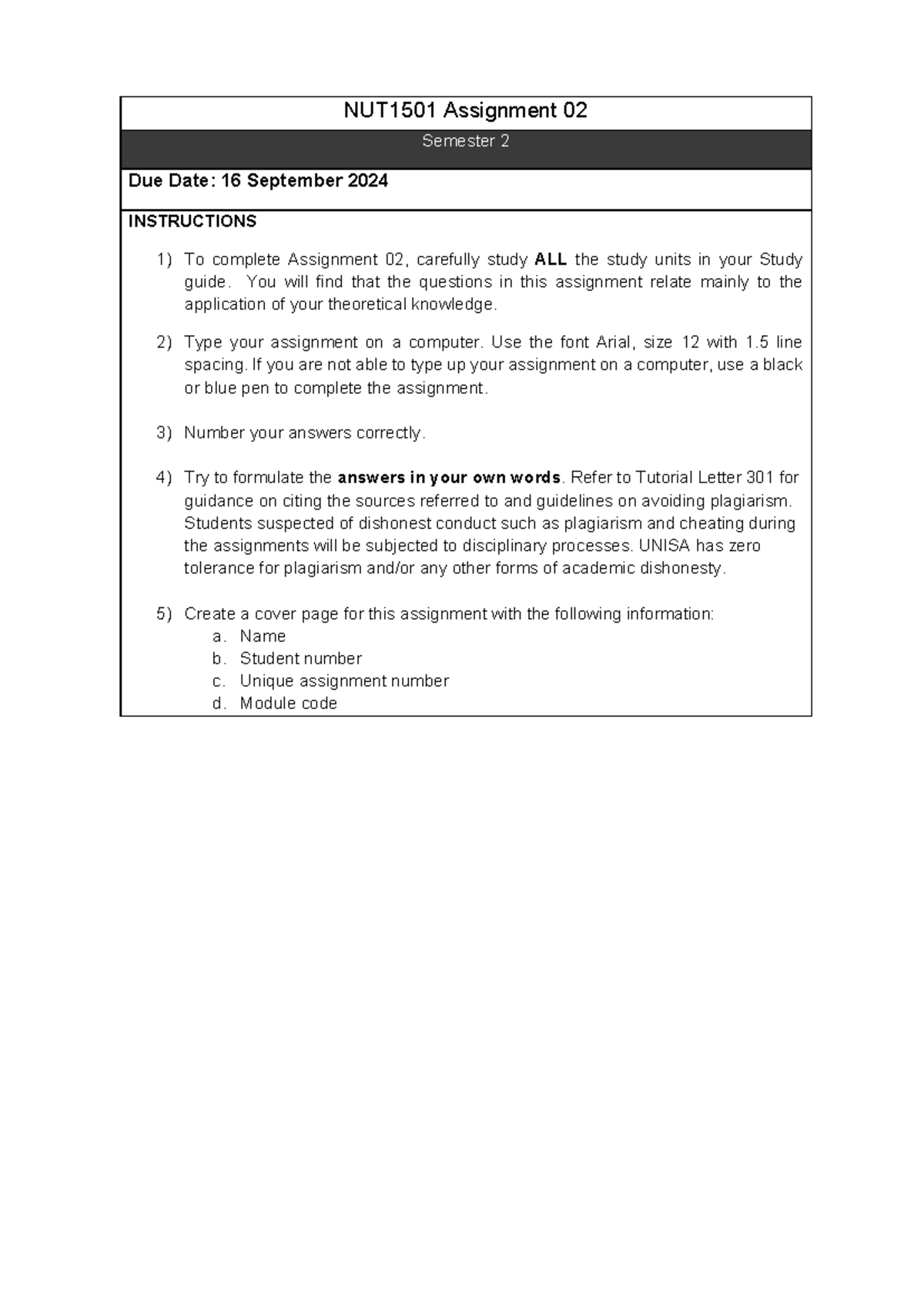 NUT1501 ass2 S2 - It the the second assignments - NUT1501 Assignment 02 Semester 2 Due Date: 16 ...