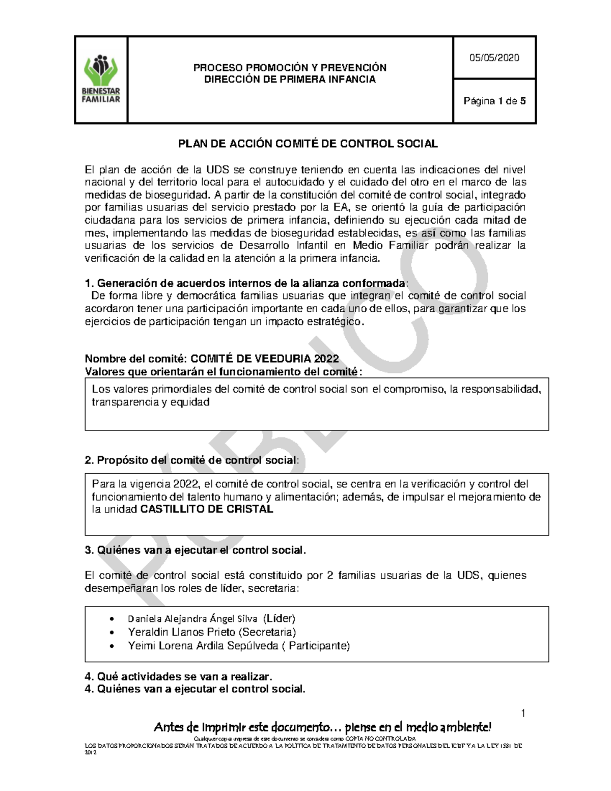 PLAN DE Acción Comité Control Social - PROCESO PROMOCIÓN Y PREVENCIÓN DIRECCIÓN DE PRIMERA ...