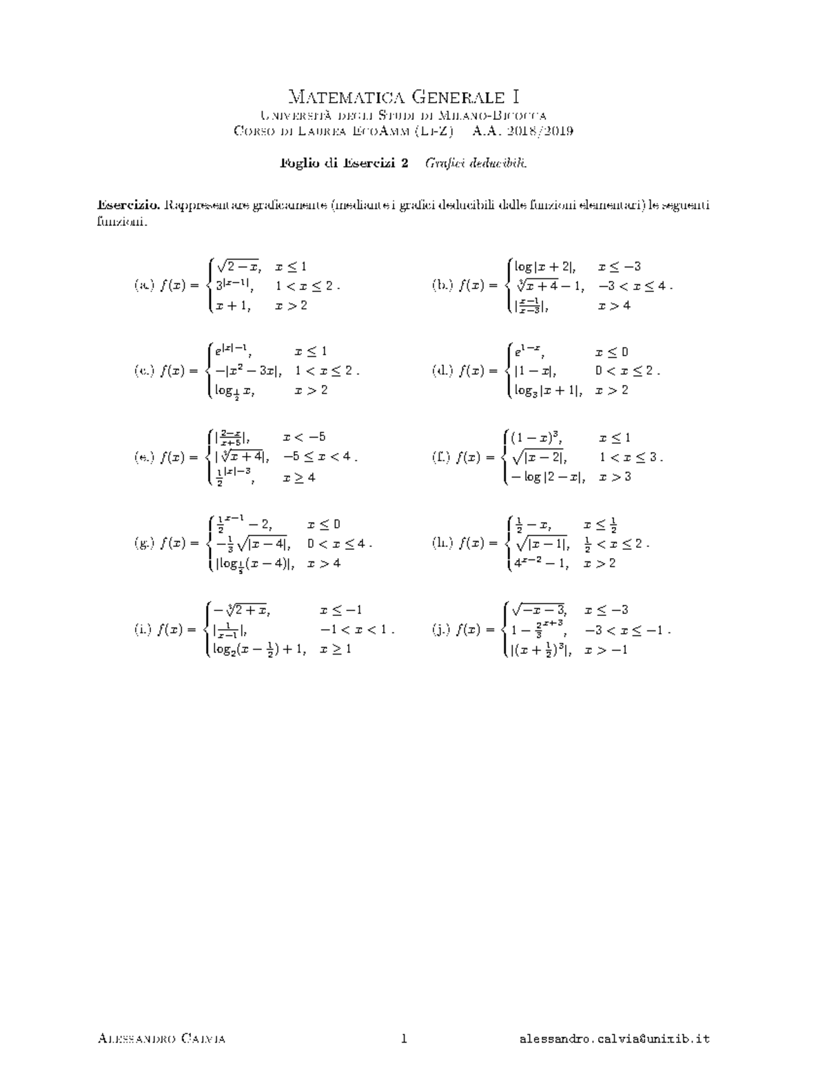 Foglio di Esercizi 2 - Grafici deducibili - Matematica Generale I degli Studi di Corso di Laurea ...