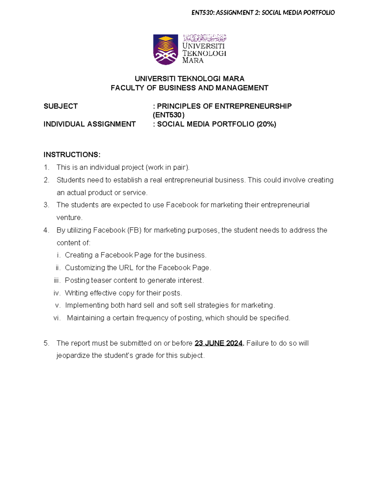 2. Assignment 2 Socal Media Portfolio OCT2023 - ENT530: ASSIGNMENT 2 ...