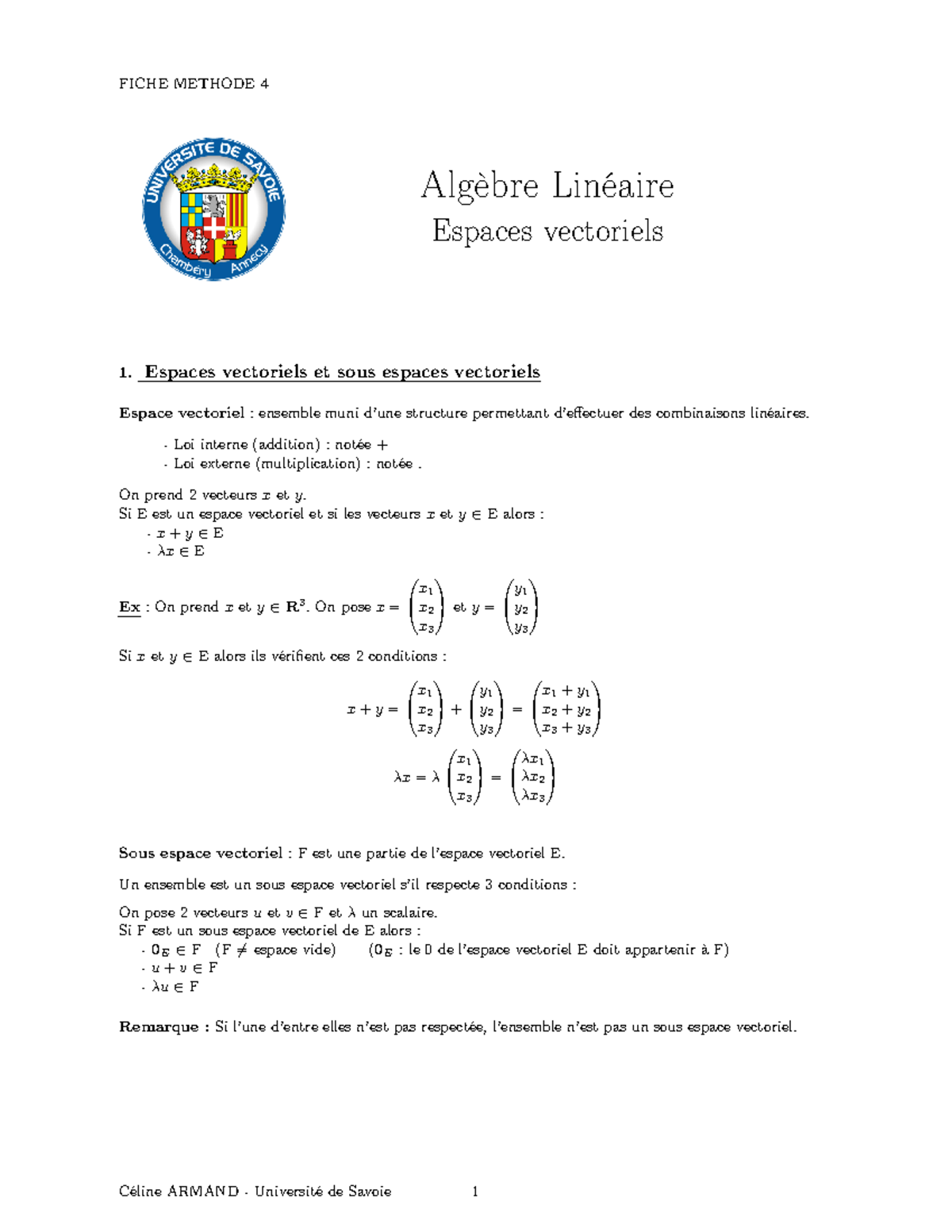 Espace vectoriel - Algèbre Linéaire Espaces vectoriels 1 ...