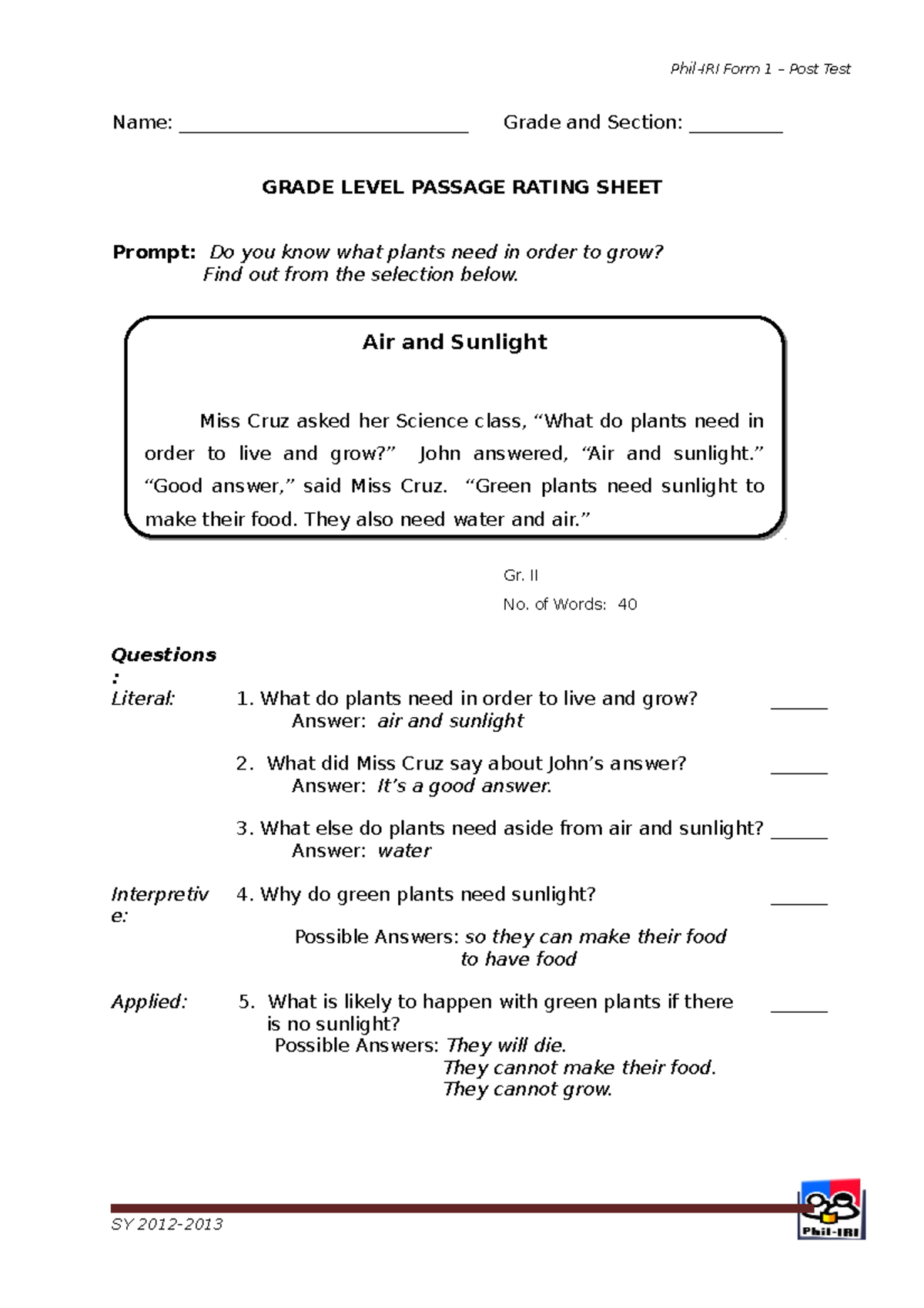 Grade 2.AIR AND Sunlight - Name: _______________________________ Grade ...