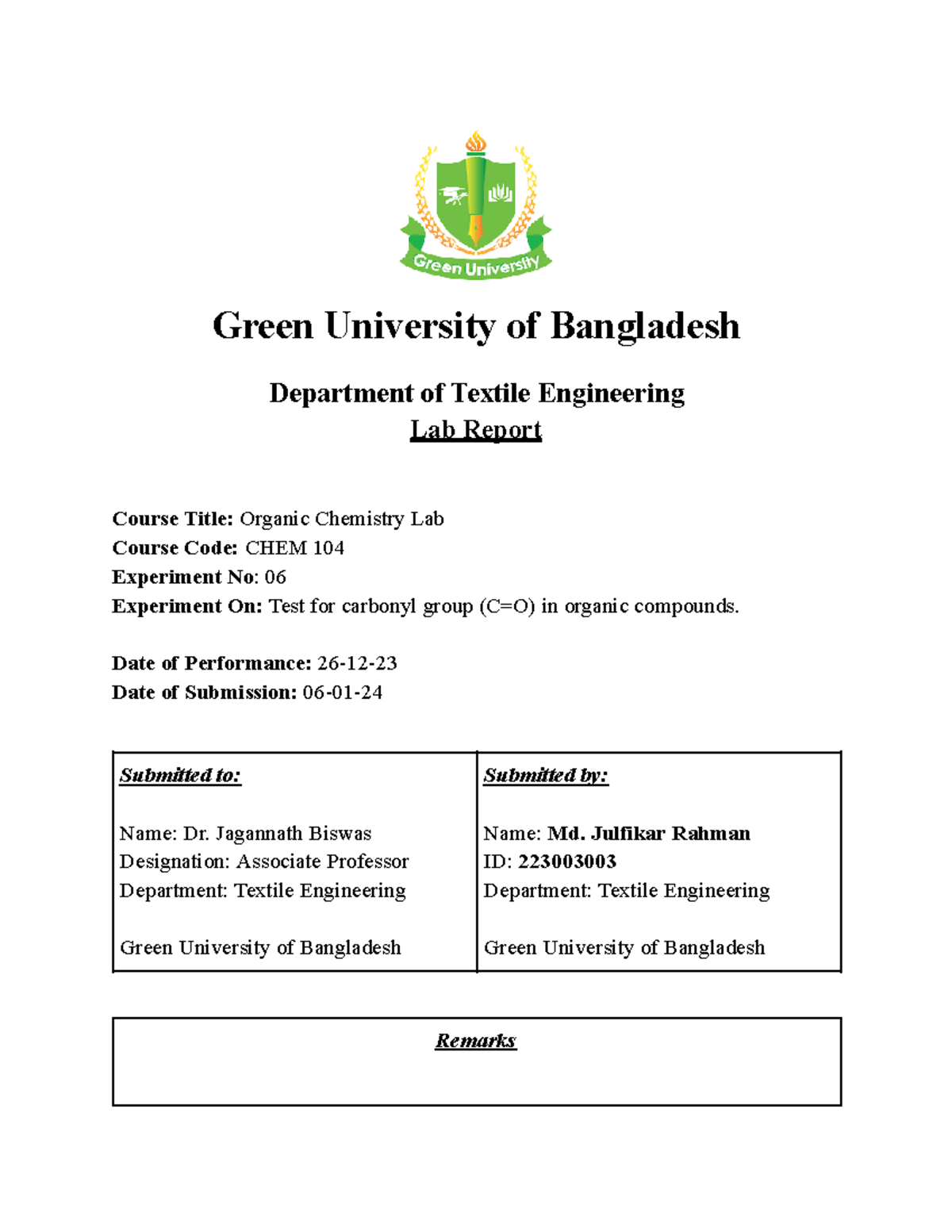 Organic lab report front page - Green University of Bangladesh ...