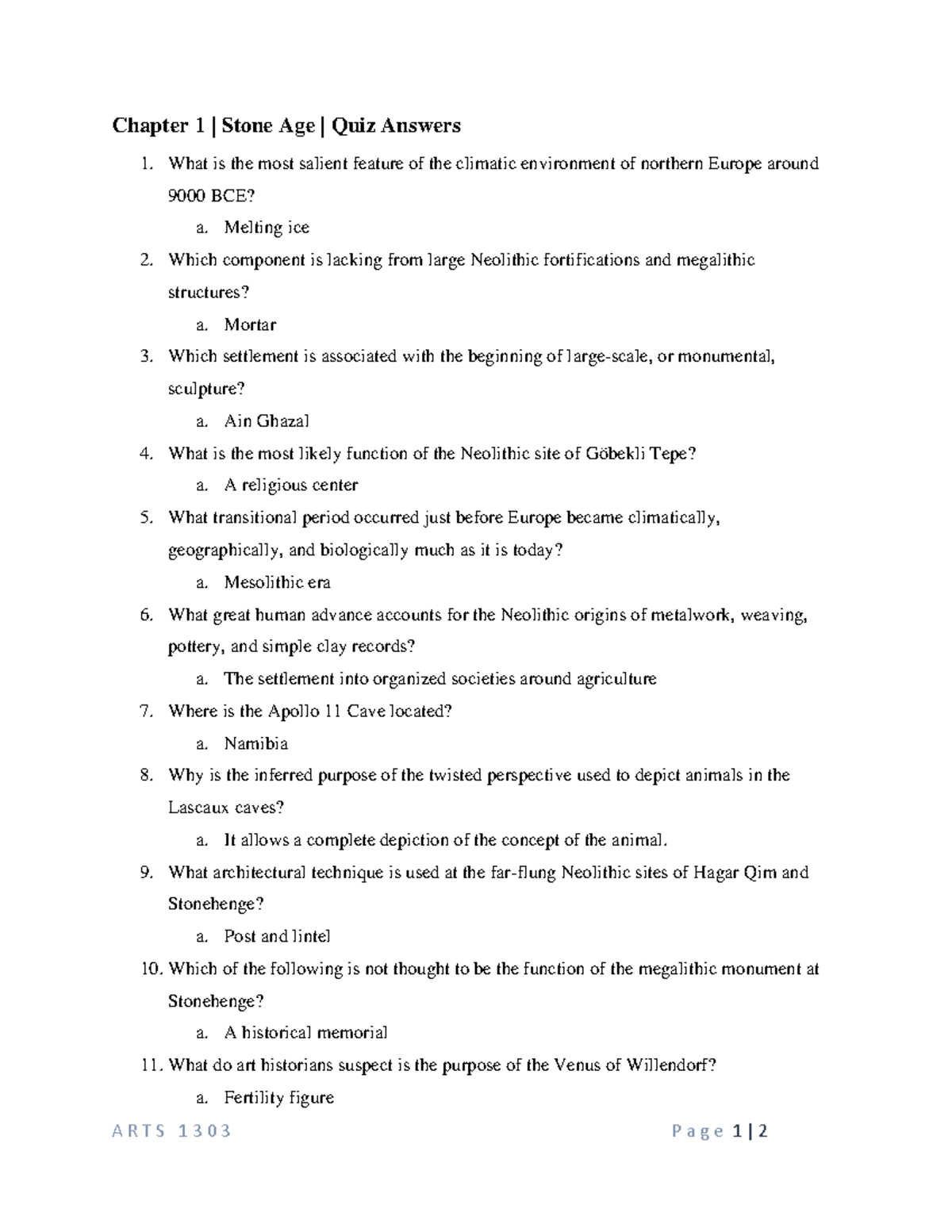 ART 1303 Chapter 1 Quiz - A R T S 1 3 0 3 P a g e 1 | 2 Chapter 1 ...