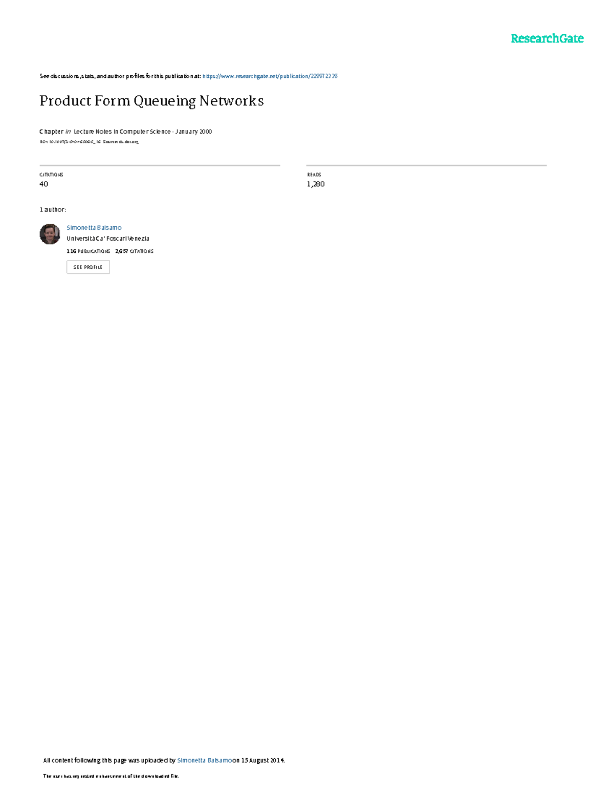 Product Form Queueing Networks - See discussions, stats, and author profiles for this ...