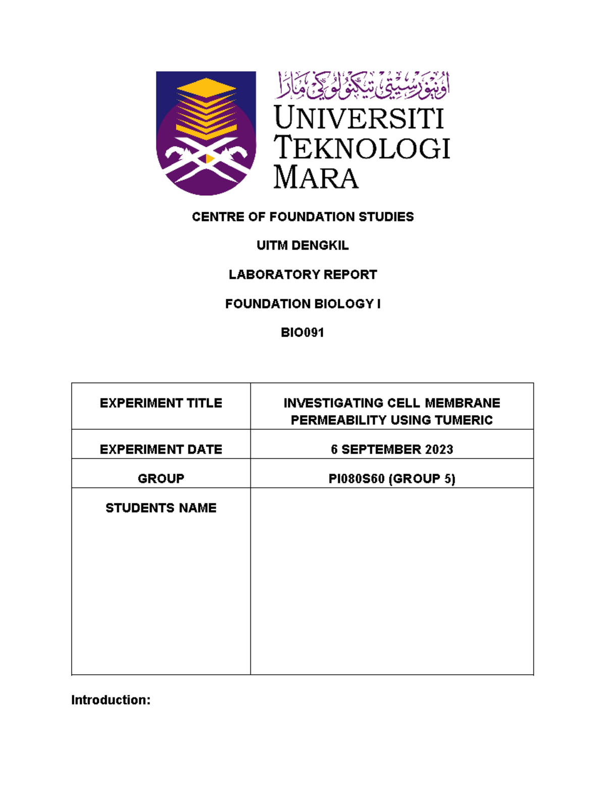 LAB Report 3 - CENTRE OF FOUNDATION STUDIES UITM DENGKIL LABORATORY ...