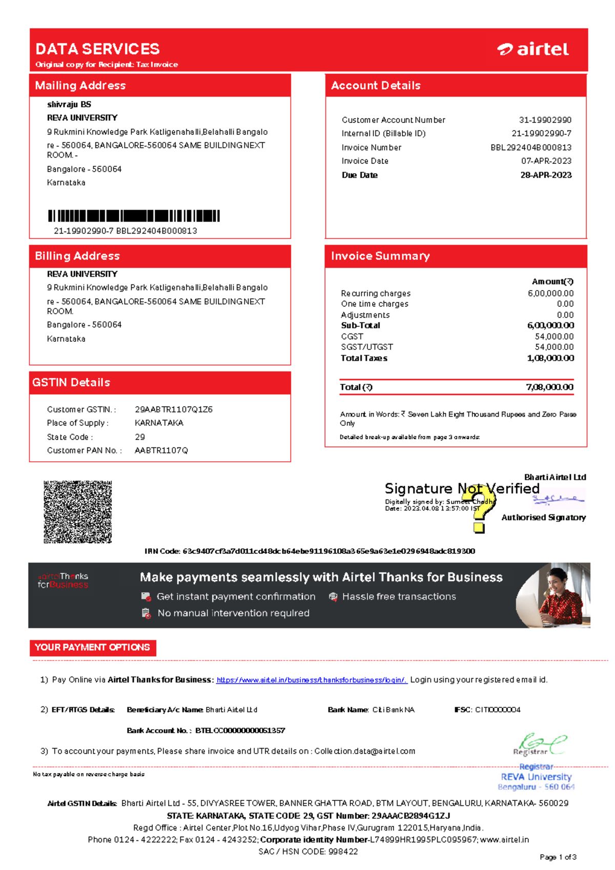 TATA ISP Bills - Summary Mumbai University - Bharti Airtel Ltd ...