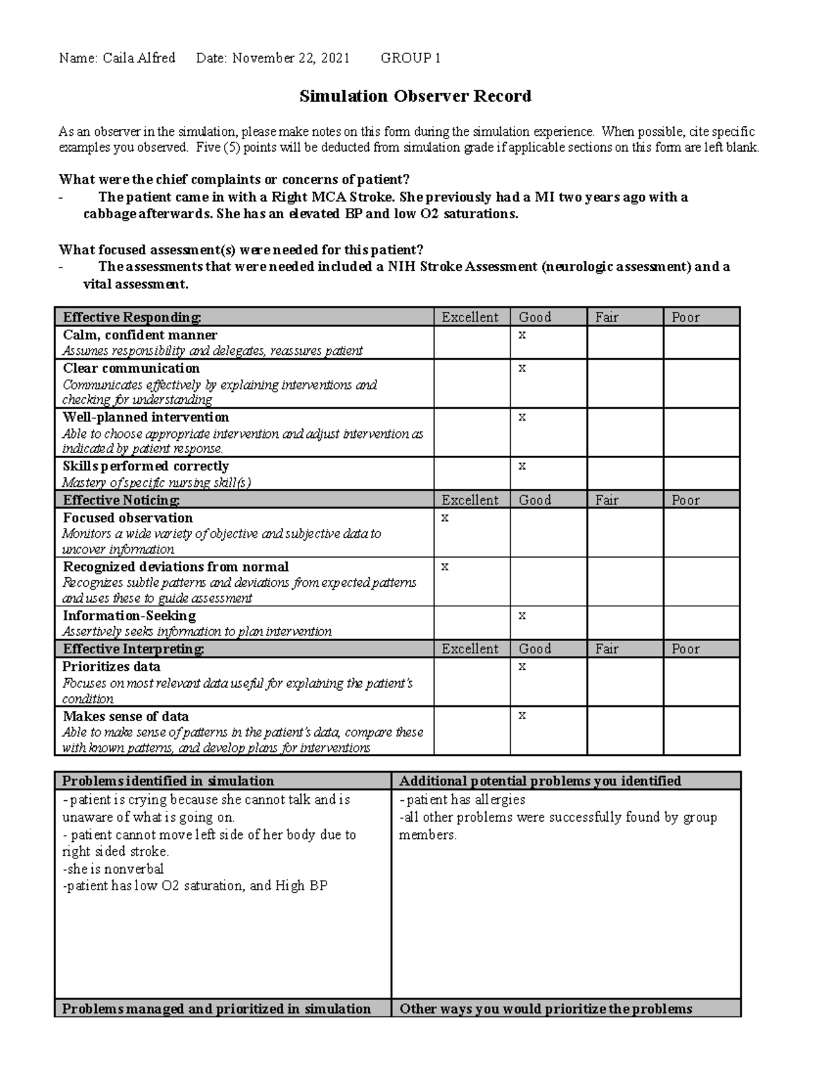 Simulation Observer Record- Group 1 - Name: Caila Alfred Date: November ...