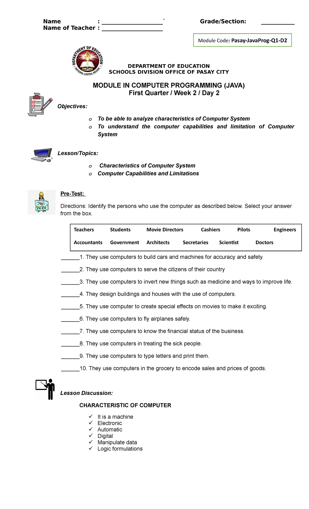 Module IN Programming-Module 2-Q1-WK2-DAY2 - Name of Teacher ...