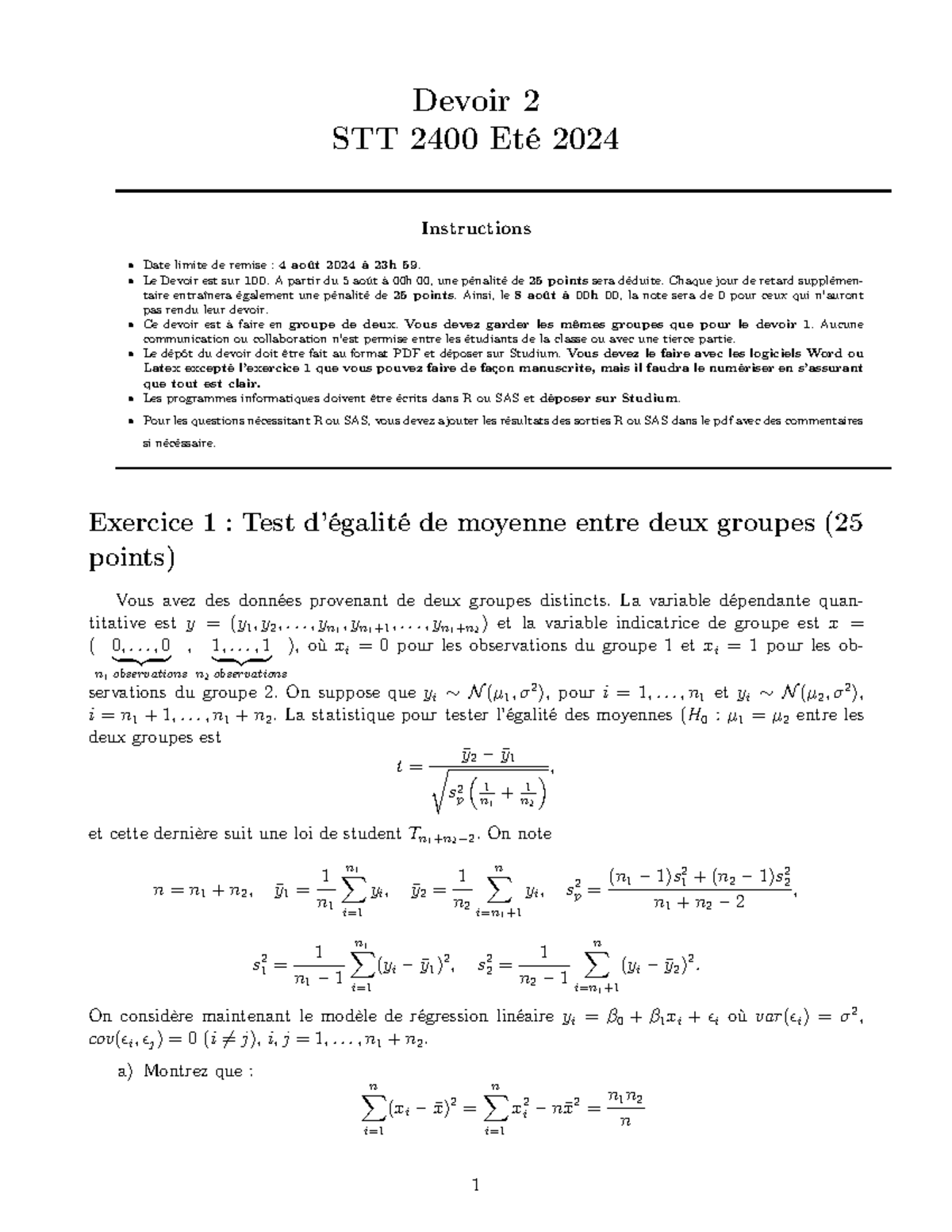 Devoir 2 STT2400 E24 - Devoir 2 STT 2400 Eté 2024 Instructions Date ...