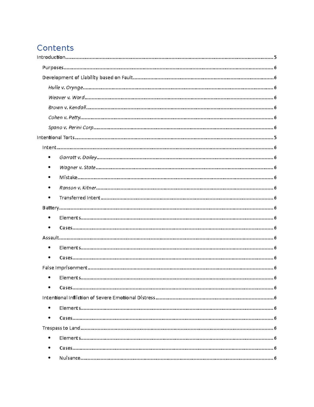Torts Outline - Contents - Studocu