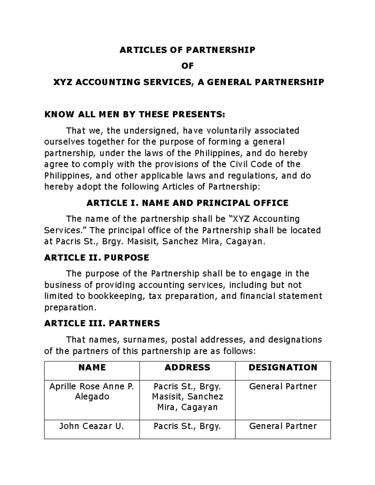 Articles OF Partnershi 1 - ARTICLES OF PARTNERSHIP OF XYZ ACCOUNTING ...