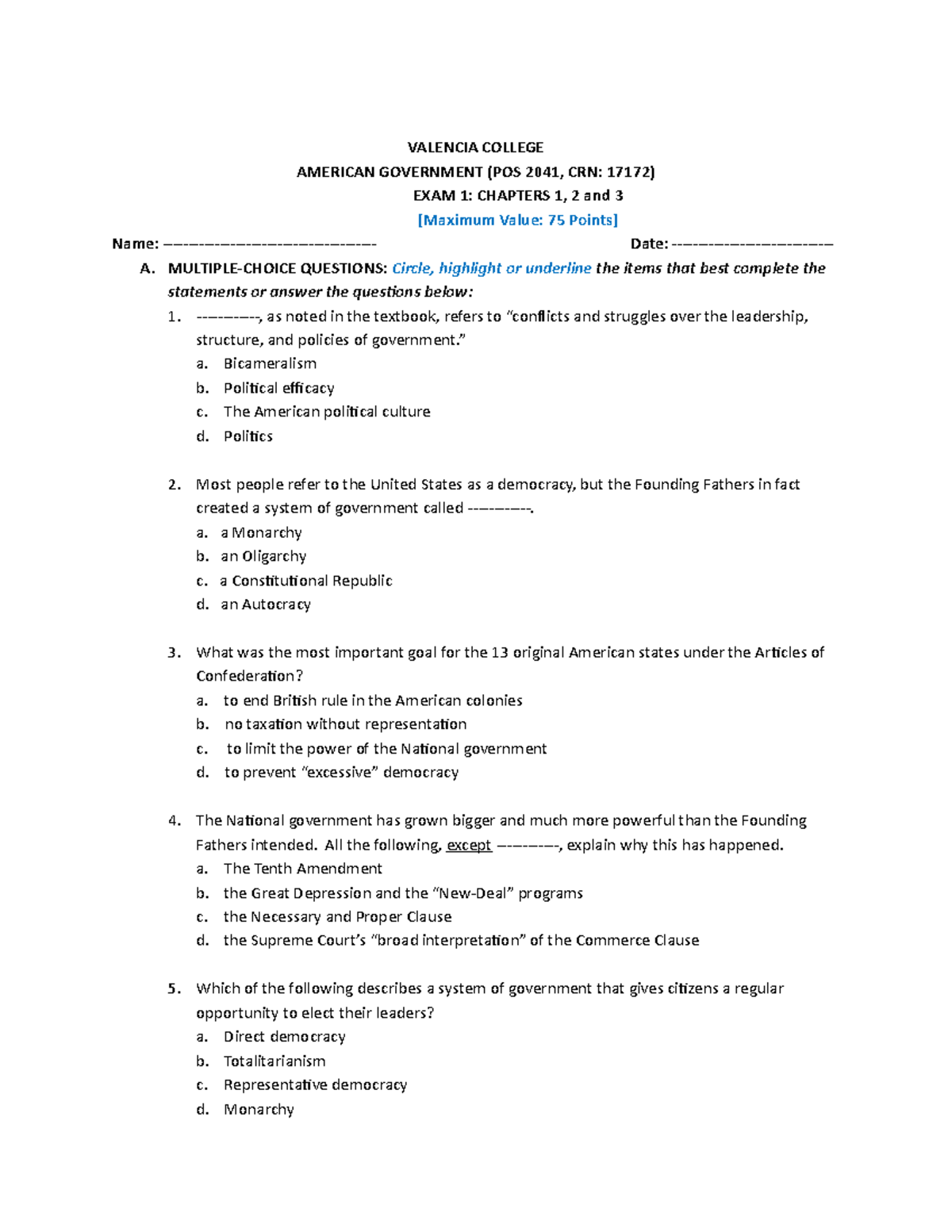 VALENCIA COLLEGE AMERICAN GOVERNMENT (POS 2041, CRN: 17172) EXAM 1 ...