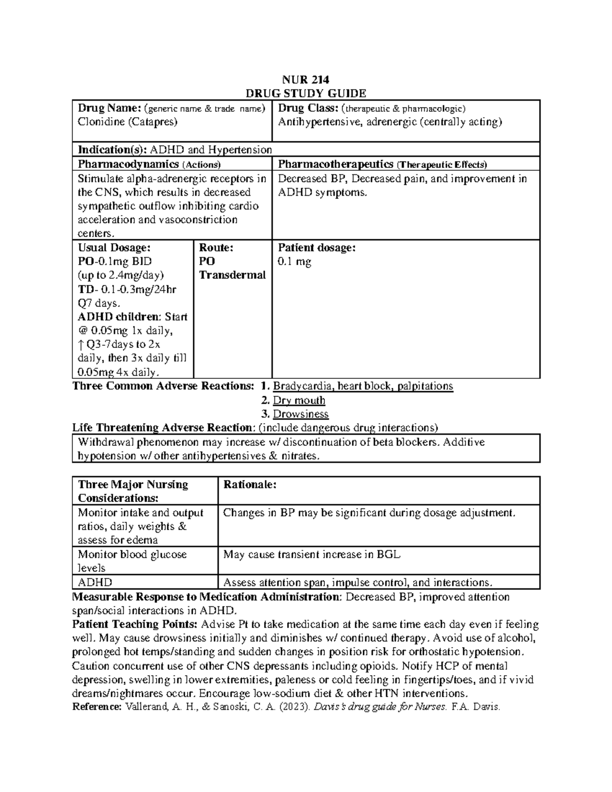 Clonidine (Catapres) - medications - NUR 214 DRUG STUDY GUIDE Drug Name ...