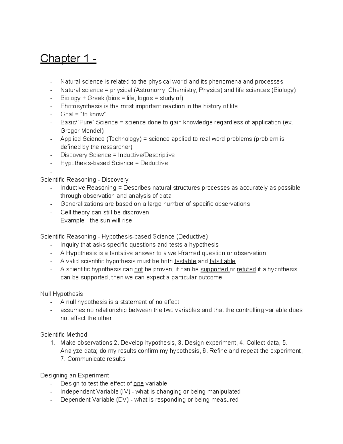 BIO 111 - Notes for chapters 1-4 - Chapter 1 - Natural science is ...