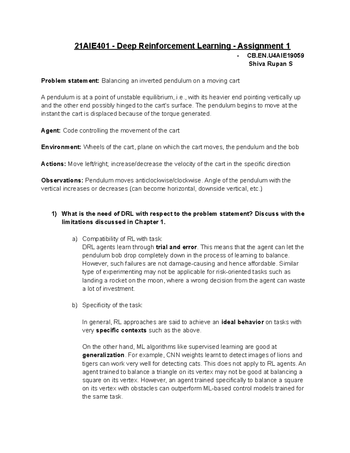 Shiva Rupan S (CB.EN.U4AIE19059) - DRL Assign 1 - 21AIE401 - Deep Reinforcement Learning - - Studocu