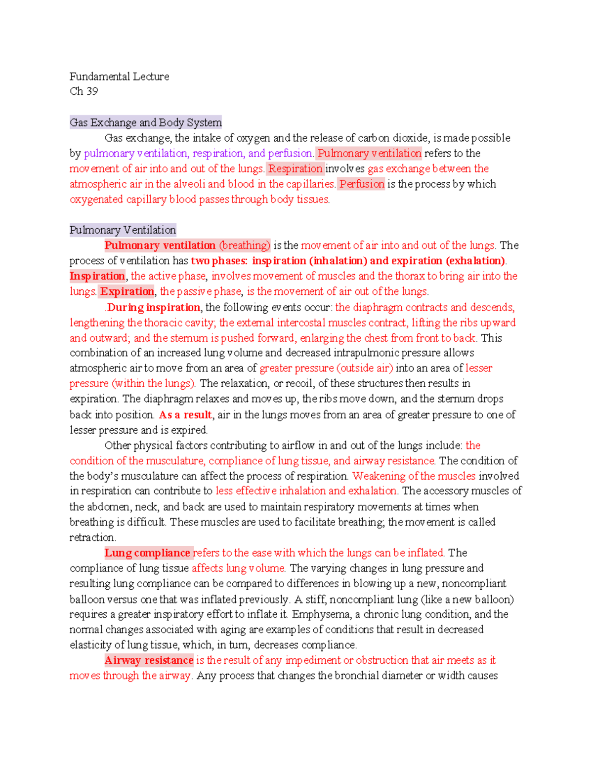 Ch 39 - Chapter 39 notes - Fundamental Lecture Ch 39 Gas Exchange and ...