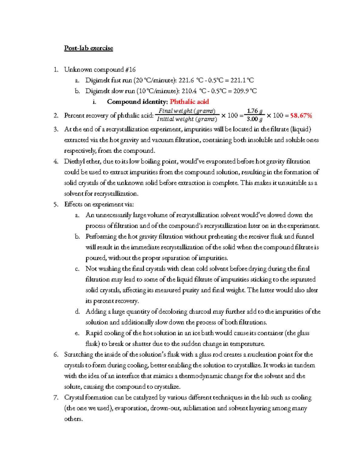 Recrystalization and melting point - Post-lab exercise Unknown compound ...