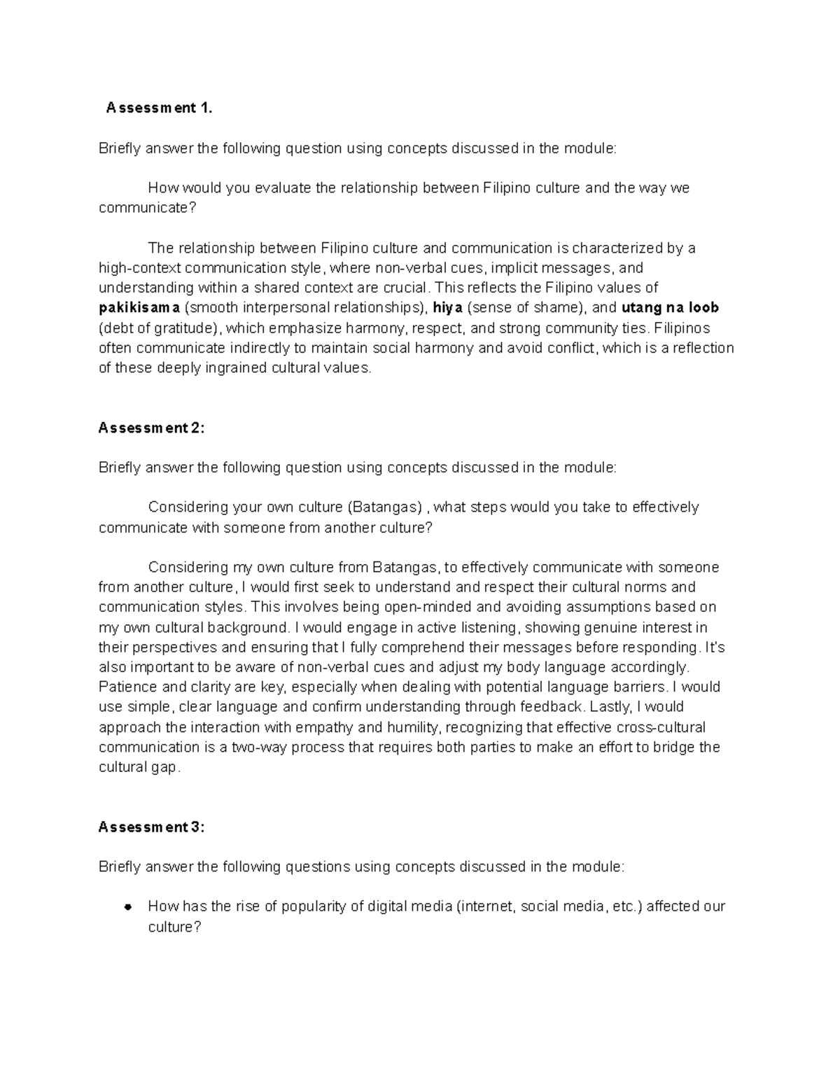 Communication, Culture and Society Rez Andrew Bernardo - Assessment 1. Briefly answer the ...