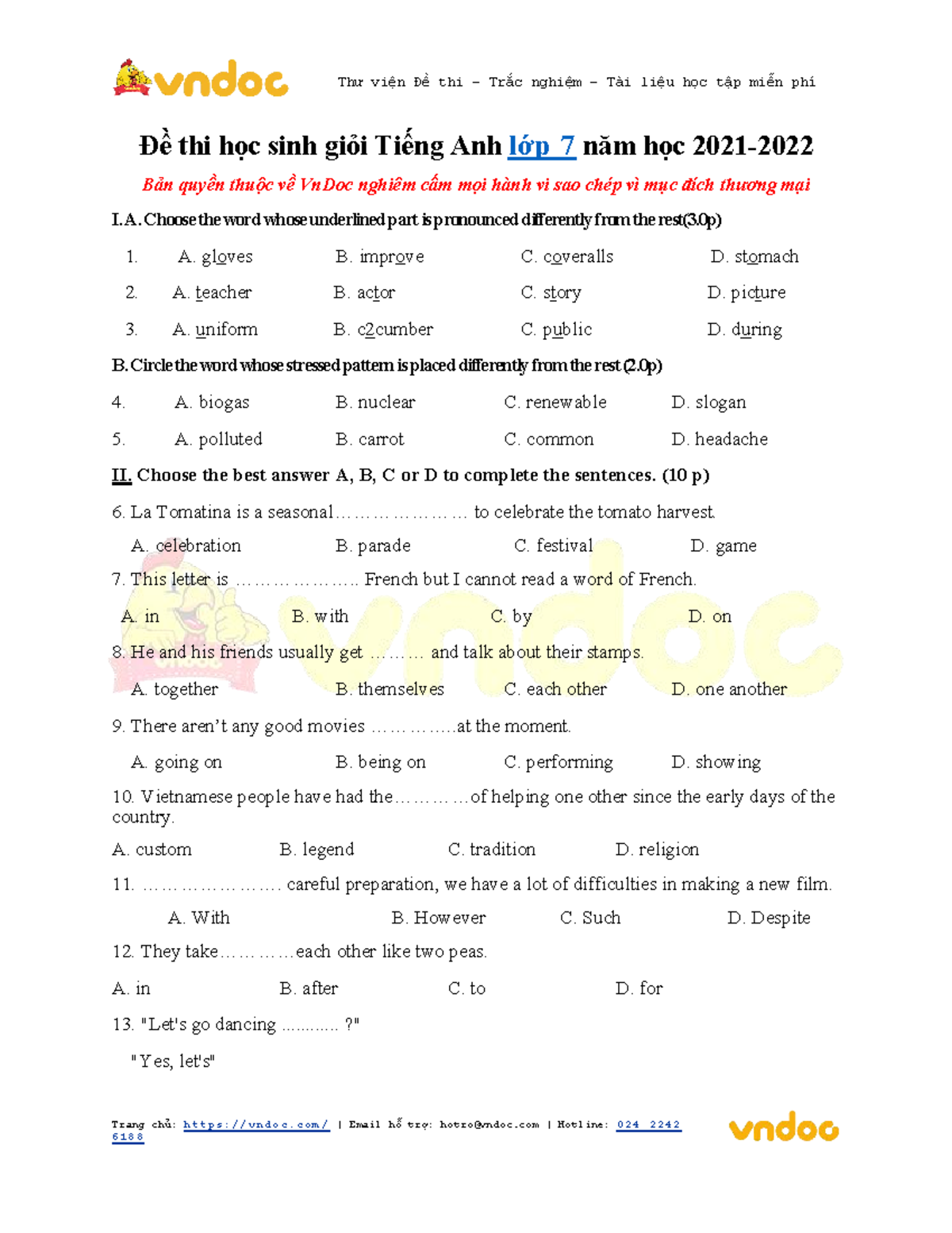 De thi hoc sinh gioi tieng anh lop 7 nam hoc 2021 2022 - Trang chủ: h t t p s : / / v n d o c. c ...