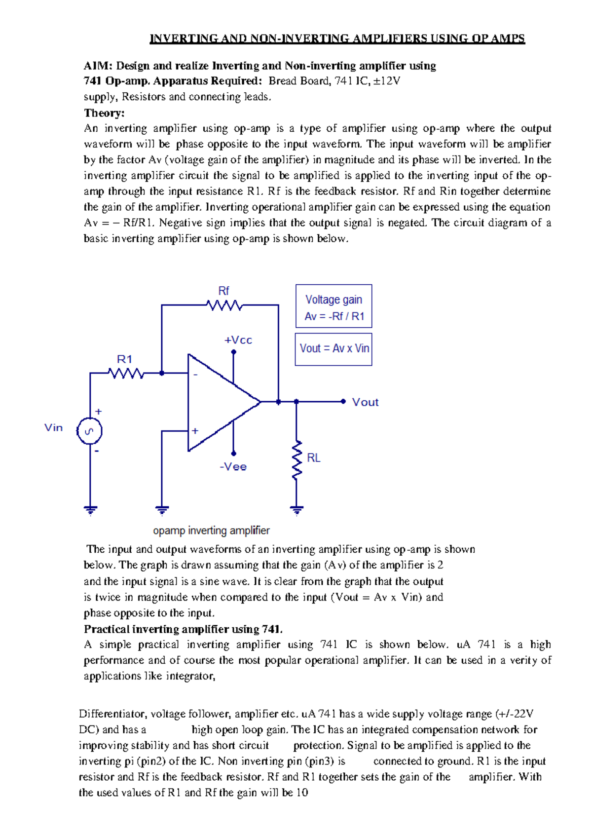 Operational Amplifier - INVERTING AND NON-INVERTING AMPLIFIERS USING OP AMPS AIM: Design and ...
