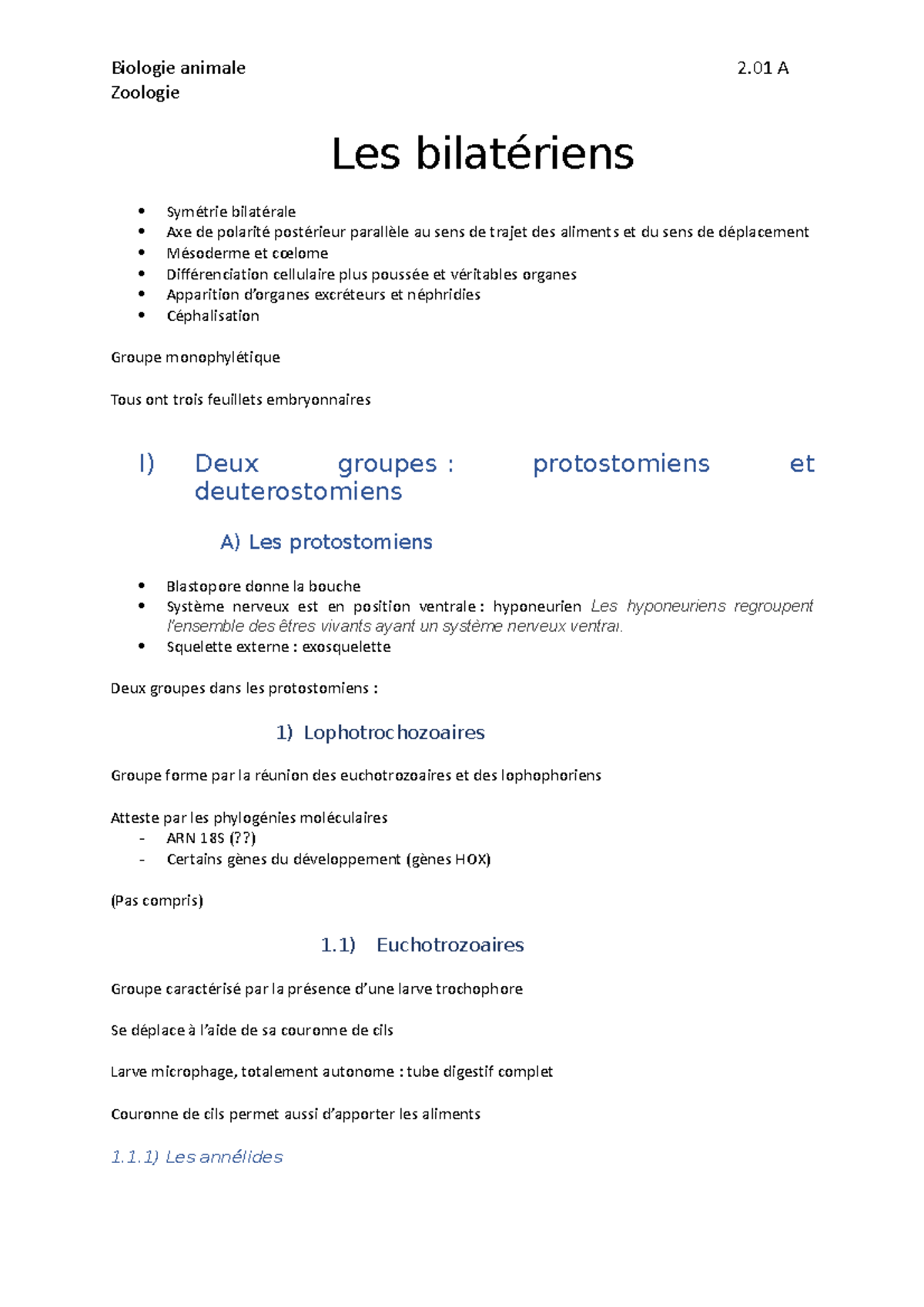 2.01A Zoologie - Les Bilateriens - Zoologie Les bilatériens Symétrie ...