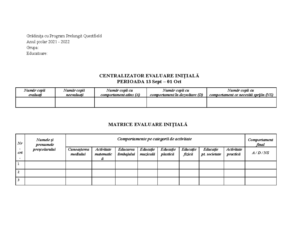 Centralizator si matrice evaluare initiala - Grădinița cu Program ...