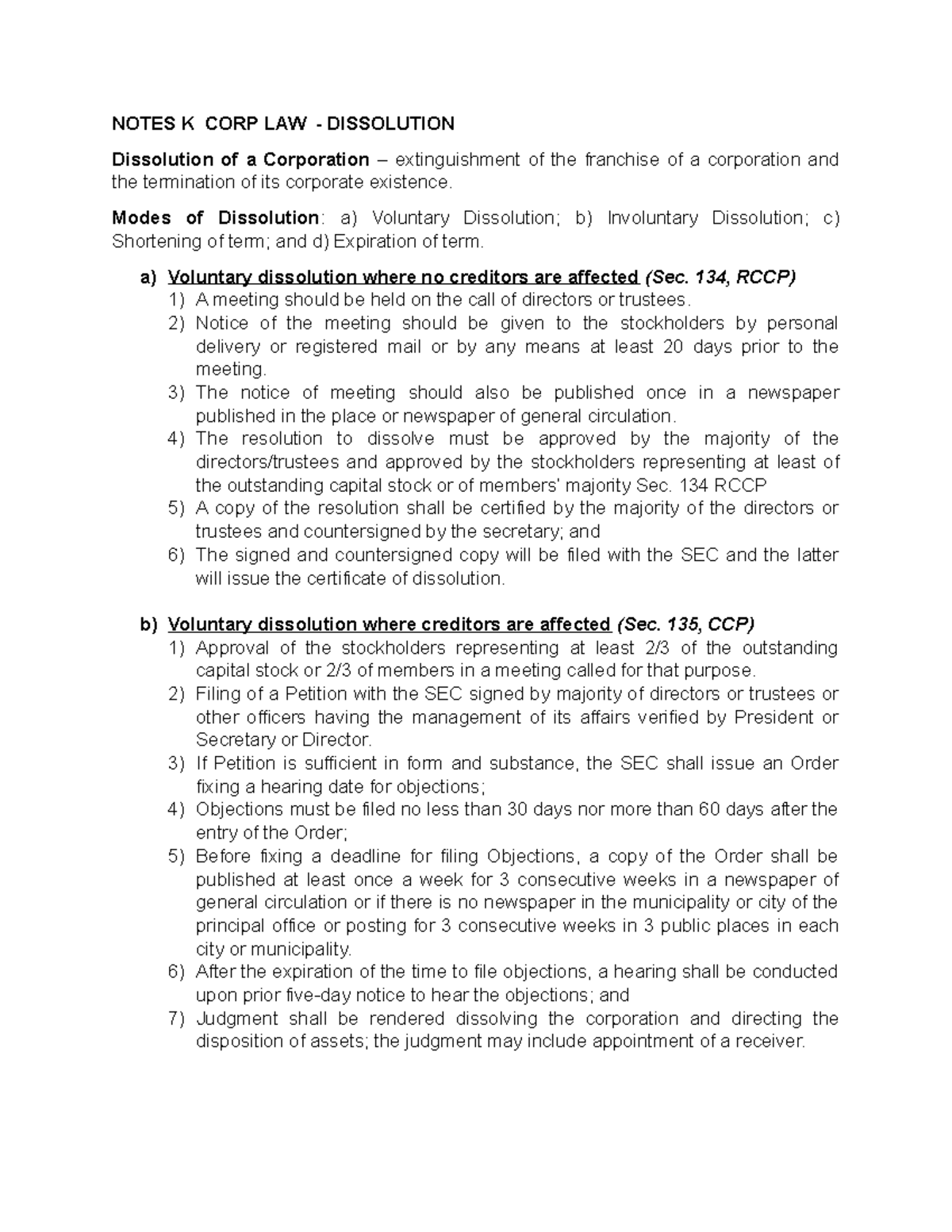 Notes K RCCP Dissolution - NOTES K CORP LAW - DISSOLUTION Dissolution ...