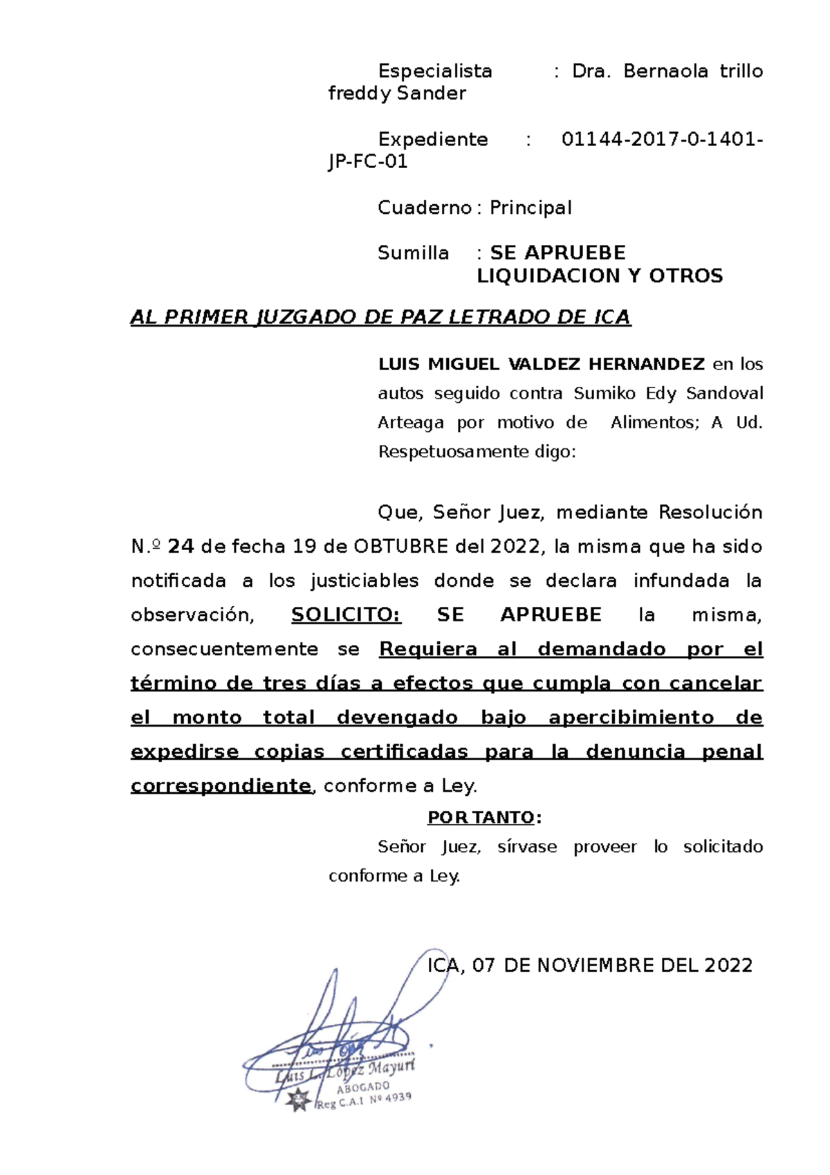 SE Aprueba Liquidacion -01144 - Especialista : Dra. Bernaola trillo ...