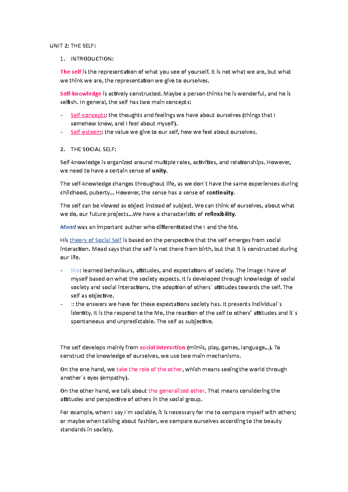 Unit 2 - Unit 2 social psychology - UNIT 2: THE SELF: 1. INTRODUCTION ...