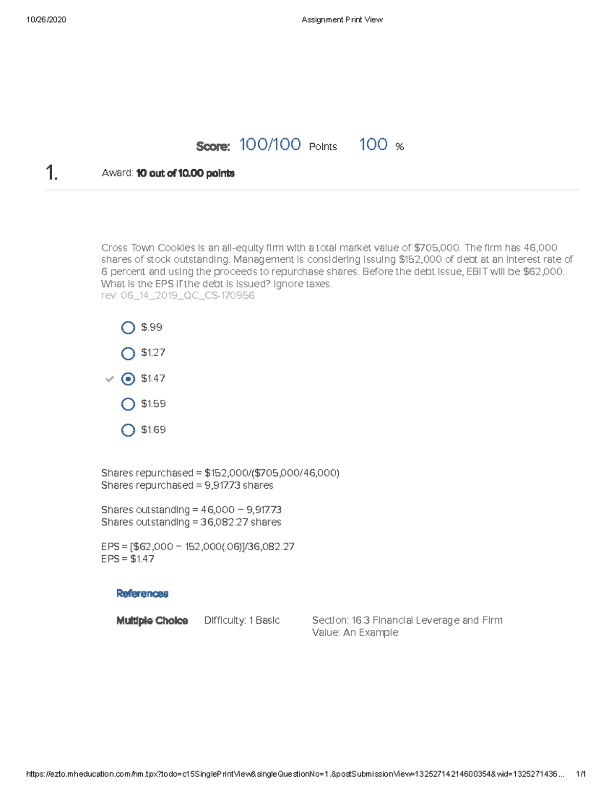 Homework on Intro to finance - 10/26/2020 Assignment Print View - Studocu