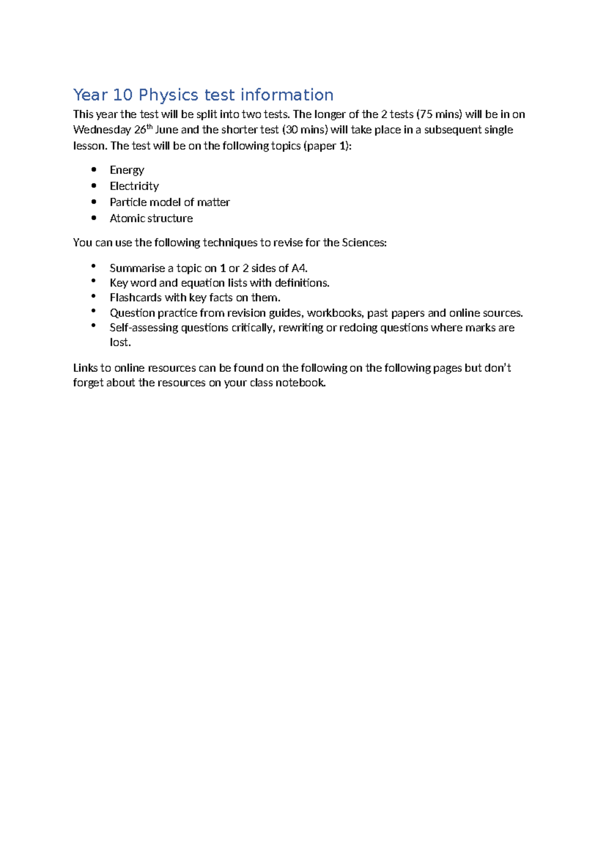 Year 10 exam information 2024 - Triple - Year 10 Physics test ...