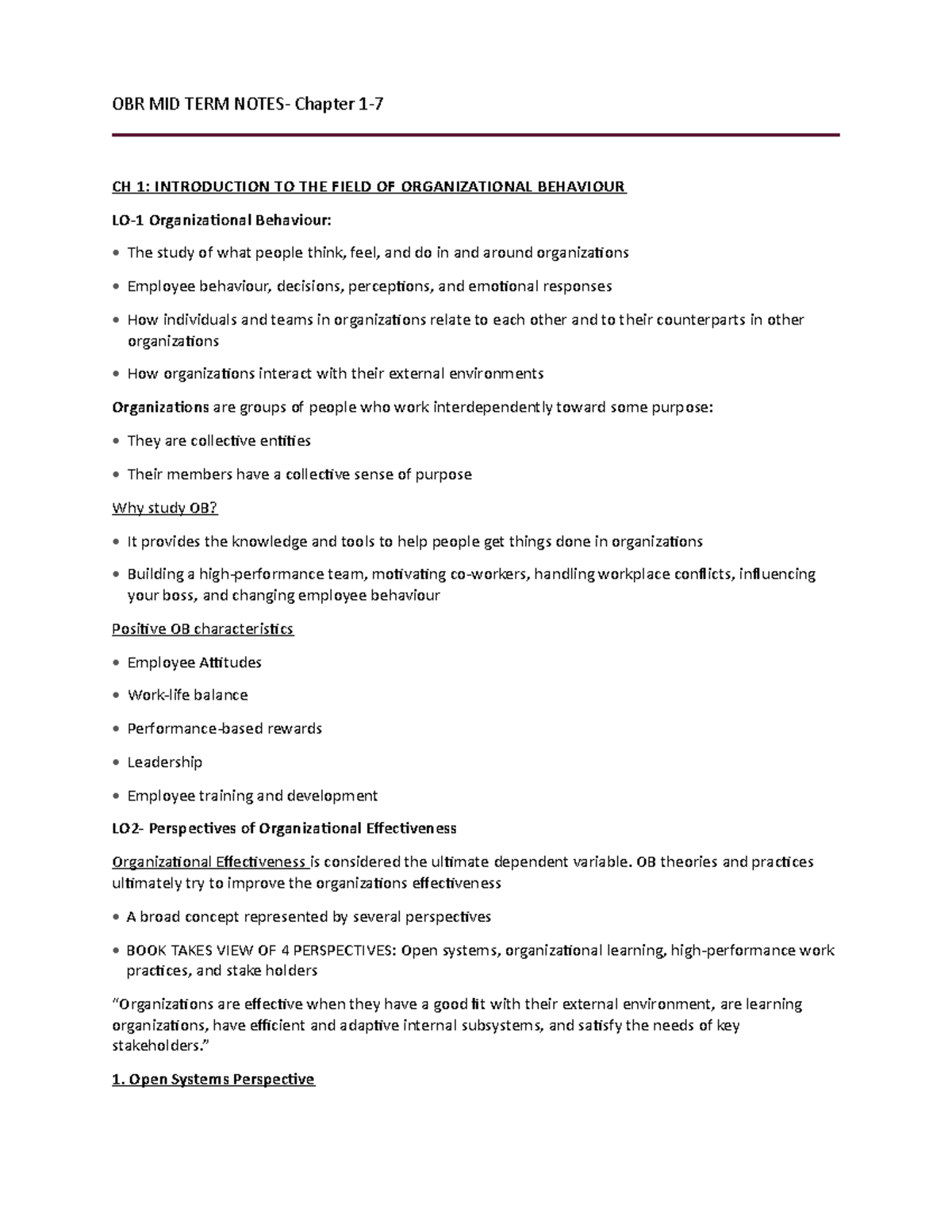 OBR MID TERM Notes - OBR MID TERM NOTES- Chapter 1-7 CH 1: INTRODUCTION ...